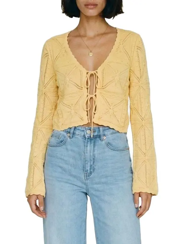 Vero Moda Lola Tie-front Pointelle Knit Cotton Cardigan - Golden Haze