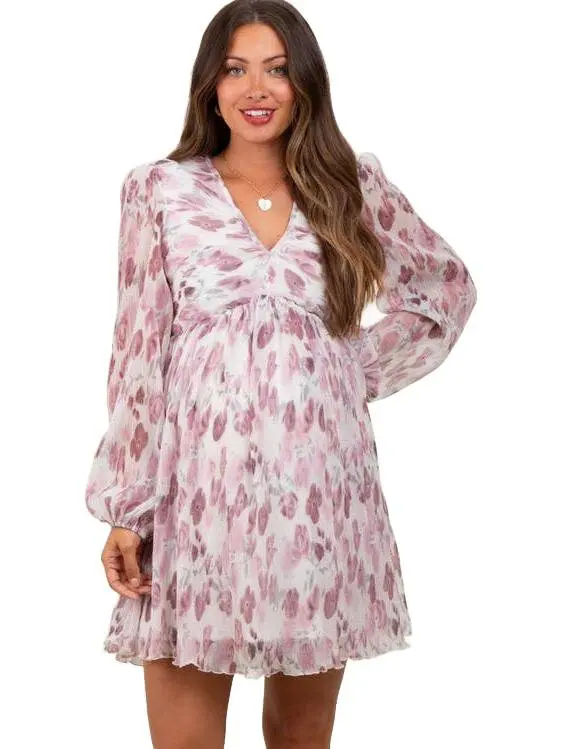 PINKBLUSH Floral Chiffon Plisse Mini Dress - Cream