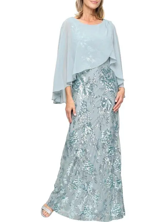 SL FASHIONS Sequin Floral Gown With Cape Overlay - Sage