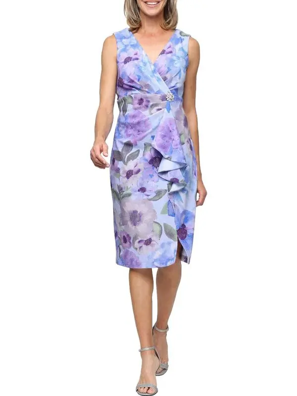 SL FASHIONS Metallic Floral Rhinestone Detail Sleeveless Sheath Dress - Blue/multi