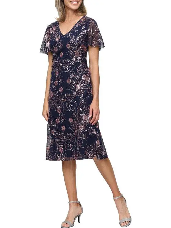 SL FASHIONS Stretch Sequin Midi Cocktail Dress - Navy Blush