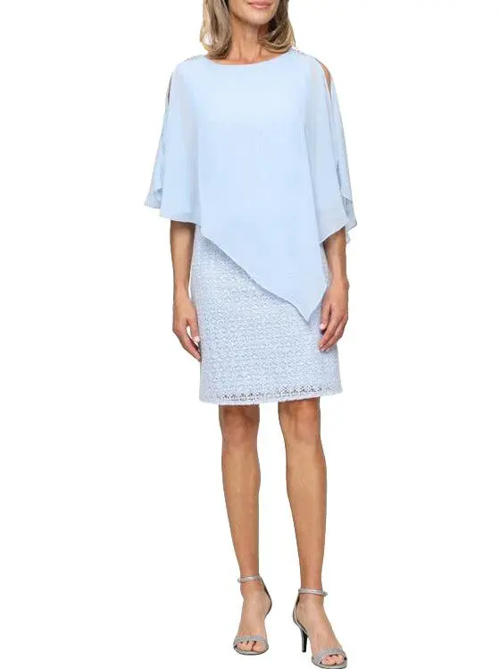 SL FASHIONS Sequin Cocktail Dress With Cape Overlay - Light Blue