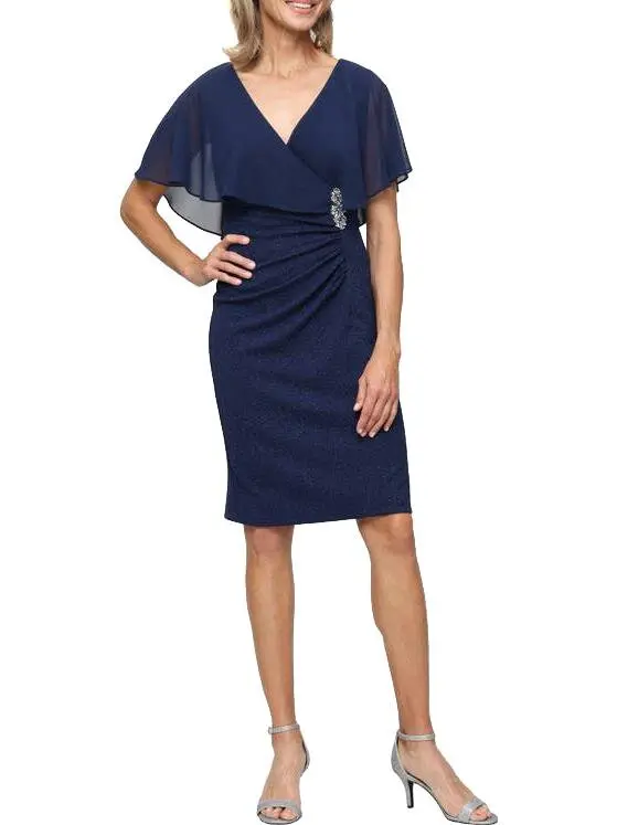 SL FASHIONS Glittered Ruched Chiffon Sheath Dress - Navy