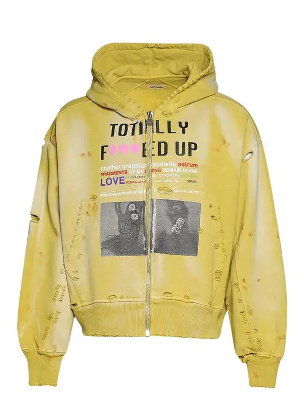 ASTRUM Zip-up Graphic Distressed Hoodie - Yellow