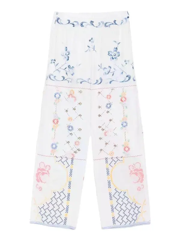 RELAX RE-LUX Floral-embroidered Trousers - White