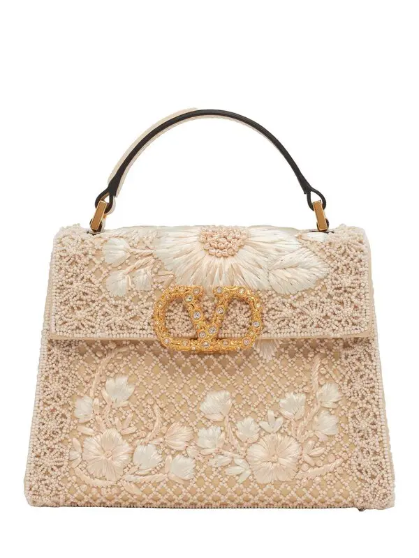 Valentino Garavani Mini V Sling Embroidered Moiré Top Handle Bag - White/cream