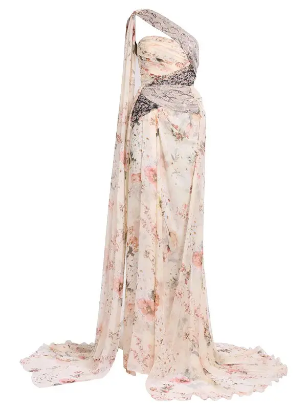 Elie Saab Printed Chiffon One-shoulder Maxi Gown - Multi