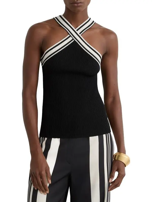 REISS Ivanna Ribbed Top - Black/white