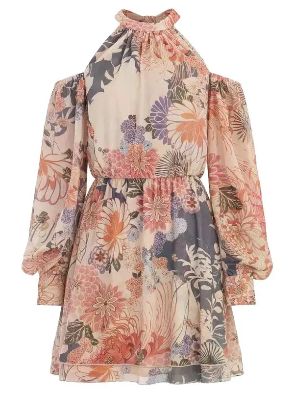 Guess Floral-print Cold-shoulder Mini Dress - Neutrals