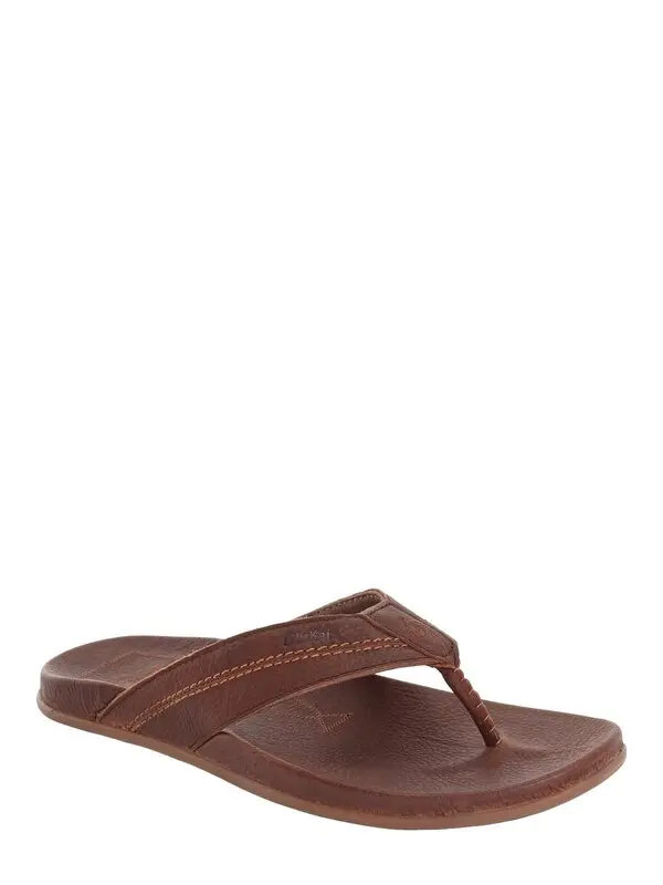 Olukai Mohalu Leather Flip Flops - Teak/teak