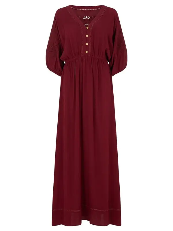 RAFFYA Somerton Embroidered Maxi Kaftan - Red