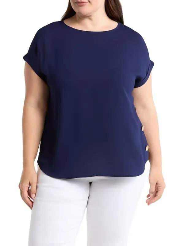 Jones New York Woven Button Detail Top - Pacific Navy