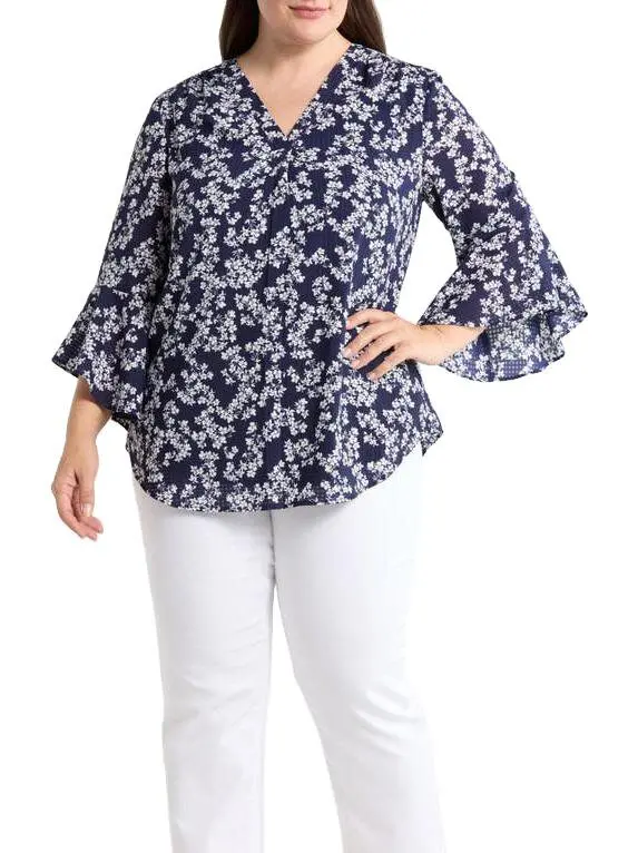 Jones New York Floral Print Bell Sleeve Top - Pacific Navy/nat Wht
