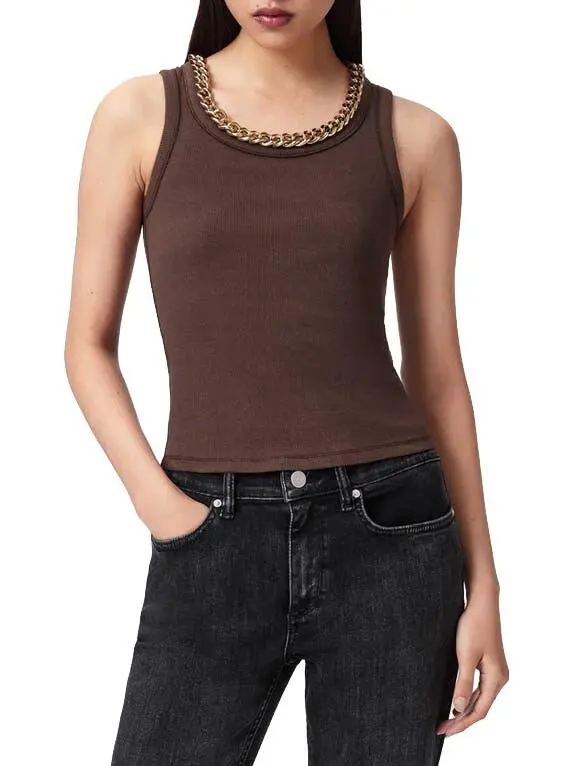 ALLSAINTS Lucy Chain Embellished Rib Knit Tank - Bitter Brown
