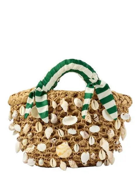 SIMONMILLER Embellished Shelly Bag With Scarf Handle - Natural/green Stripe