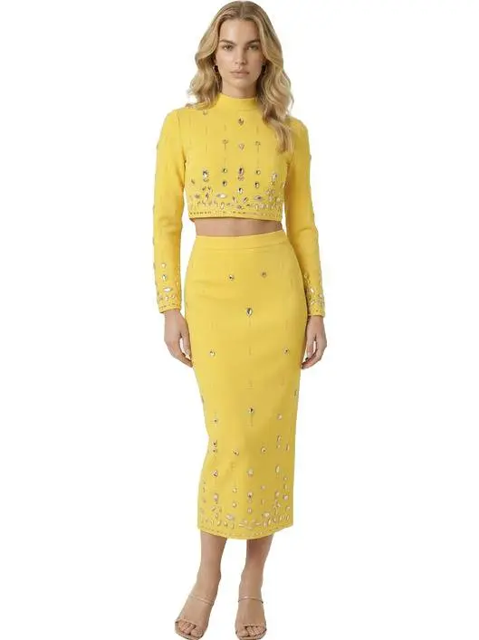 MODENAIRE Embellished Crop Top And Midi Skirt Set - Yellow