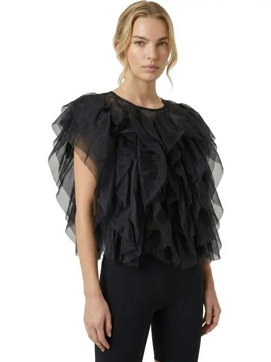 MODENAIRE Sheer Ruffled Tulle Blouse - Black