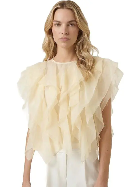 MODENAIRE Sheer Ruffled Tulle Blouse - Cream