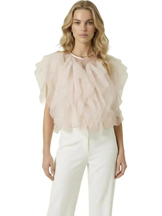 MODENAIRE Sheer Ruffled Tulle Blouse - Pale Pink