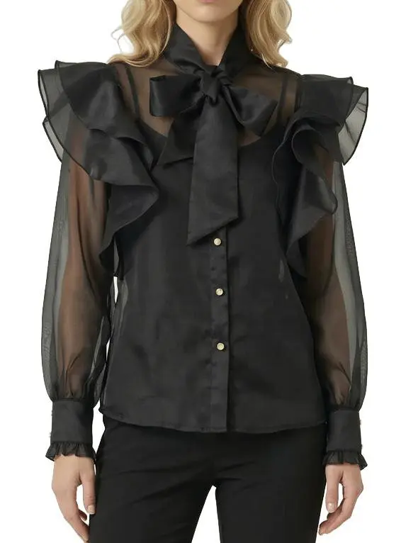 MODENAIRE Ruffle Bow Tie Button-front Blouse - Black