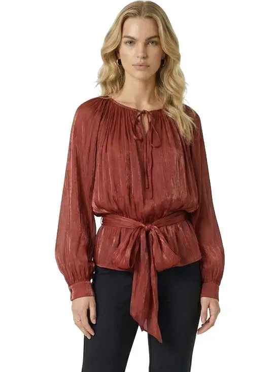 MODENAIRE Long Sleeve Tie Neck Belted Blouse - Rust