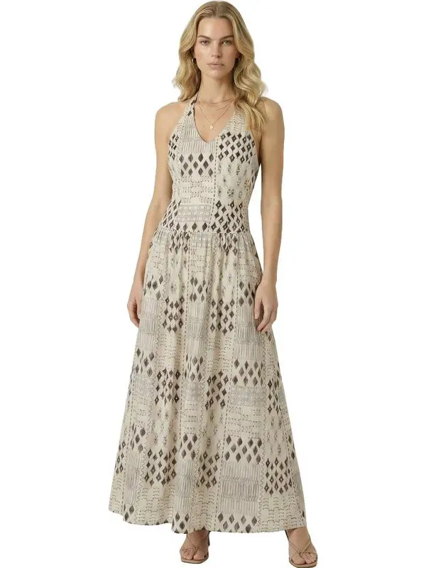 MODENAIRE Geometric Print Halter Maxi Dress - Cream/dark Brown