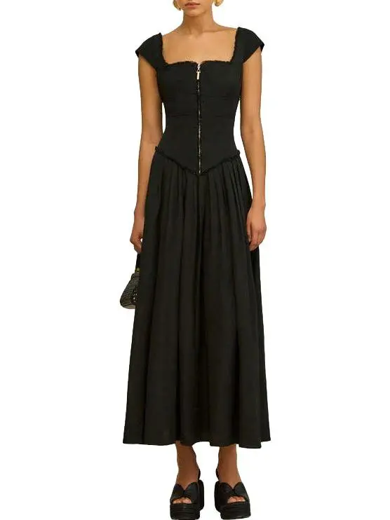Cult Gaia Solstice Pleated Fringe Trim Cap Sleeve Dress - Black