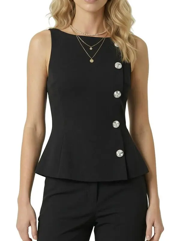 MODENAIRE Sleeveless Asymmetrical Button Top - Black