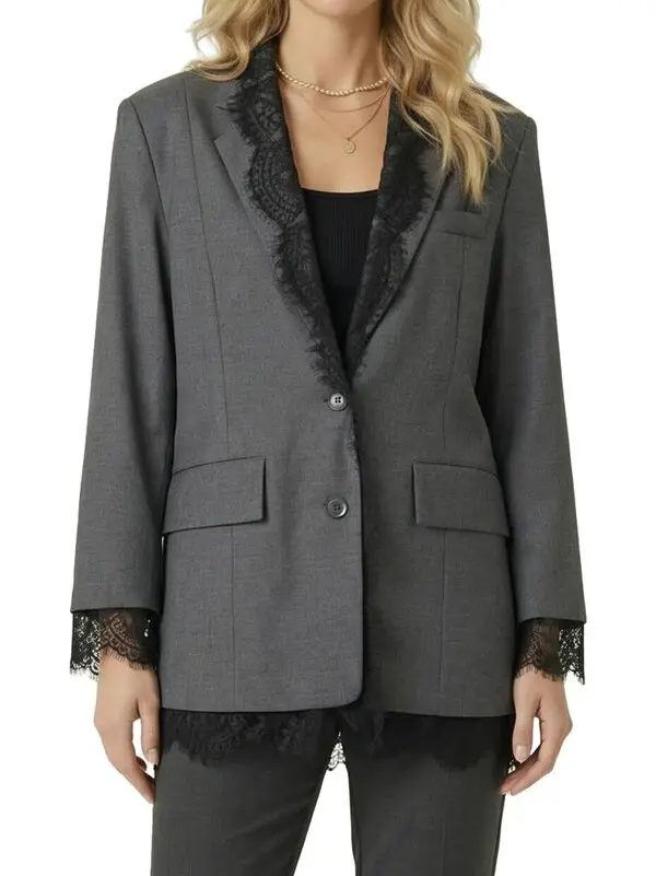MODENAIRE Tailored Blazer With Lace Trim - Charcoal Gray