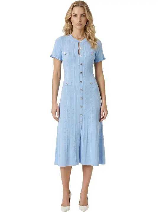 MODENAIRE Button-front Knit Midi Dress With Ruffled Short Sleeves - Blue