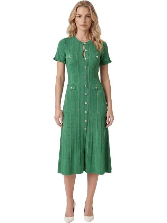 MODENAIRE Button-front Knit Midi Dress With Ruffled Short Sleeves - Green