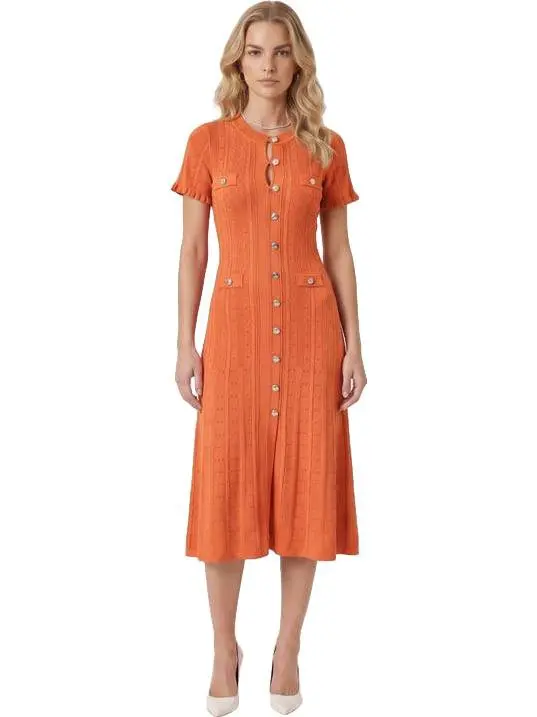 MODENAIRE Button-front Knit Midi Dress With Ruffled Short Sleeves - Orange