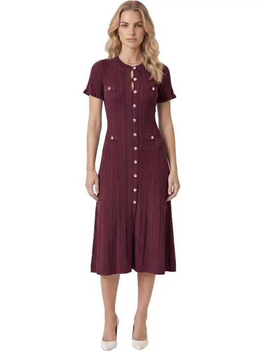 MODENAIRE Button-front Knit Midi Dress With Ruffled Short Sleeves - Red