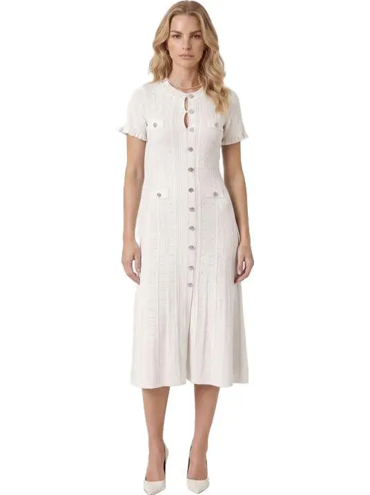 MODENAIRE Button-front Knit Midi Dress With Ruffled Short Sleeves - White