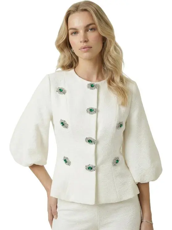 MODENAIRE Embellished Puff Sleeve Button Jacket - Cream