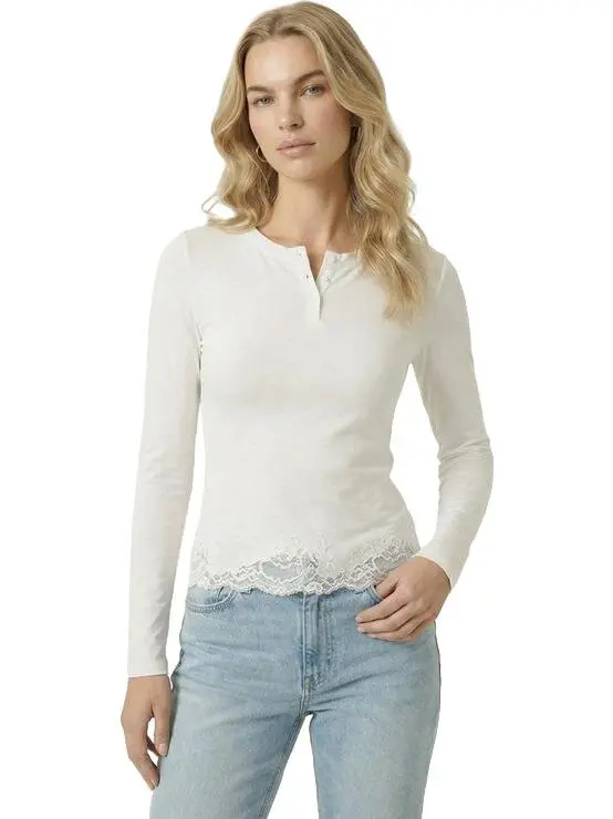MODENAIRE Lace Trim Henley Top - White