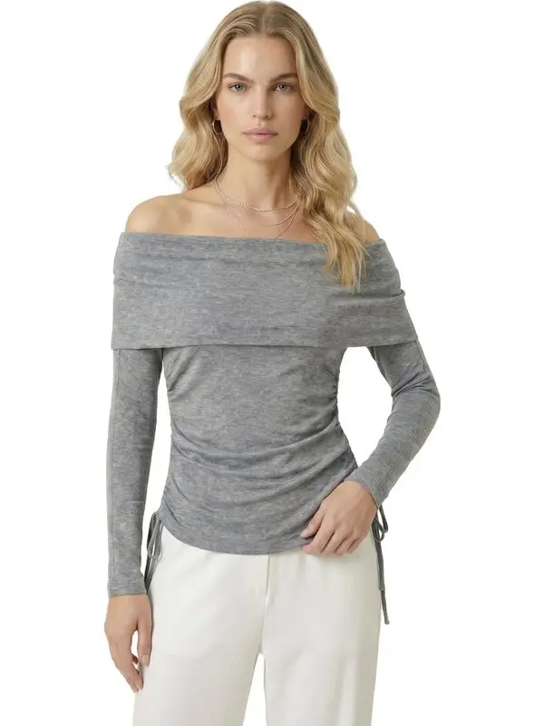 MODENAIRE Off-shoulder Long Sleeve Top - Heather Grey