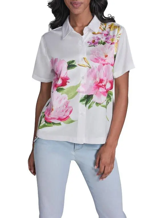 Karl Lagerfeld Paris Floral Placement Crepe Button-up Shirt - Soft White Multi