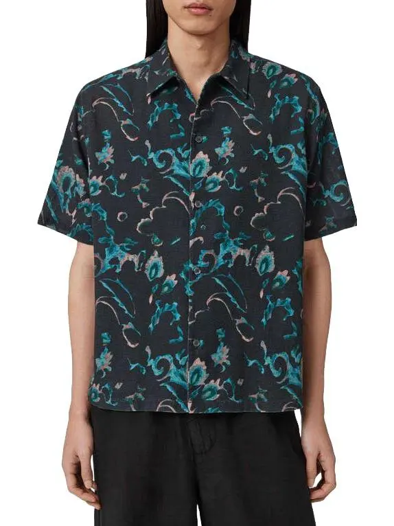ALLSAINTS Fortune Linen & Cotton Short Sleeve Button-up Shirt - Aqua Blue