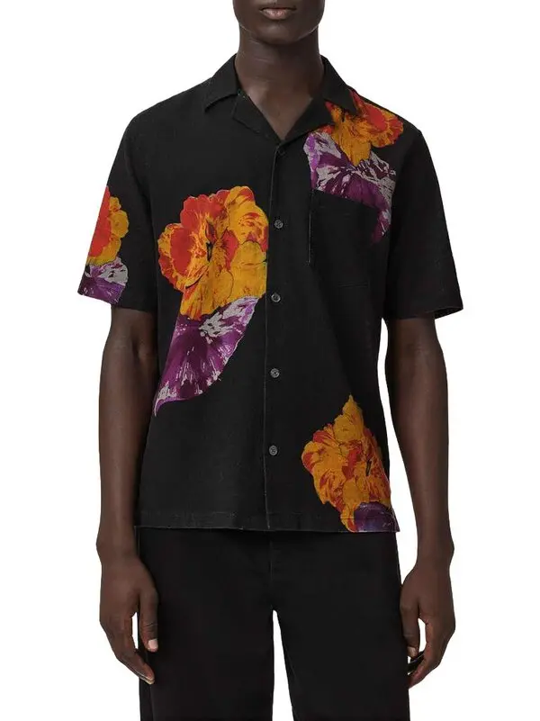 ALLSAINTS Nouvelle Floral Linen & Cotton Camp Shirt - Jet Black