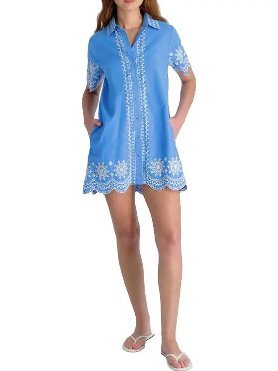 French Connection Alissa Embroidered Cotton Mini Shirtdress - Poolside Blue-white