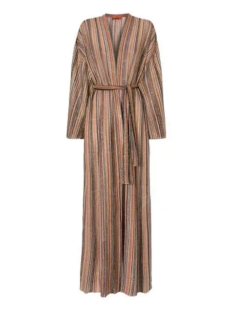 Missoni Long Ribbed Viscose Lamé Cardigan With Belt - Green& Brown