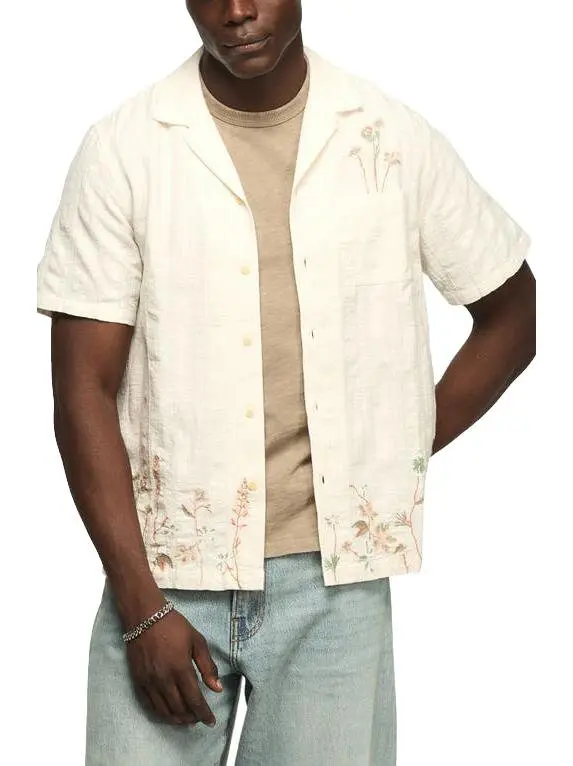 Lucky Brand Embroidered Cotton Camp Shirt - Cream Multi