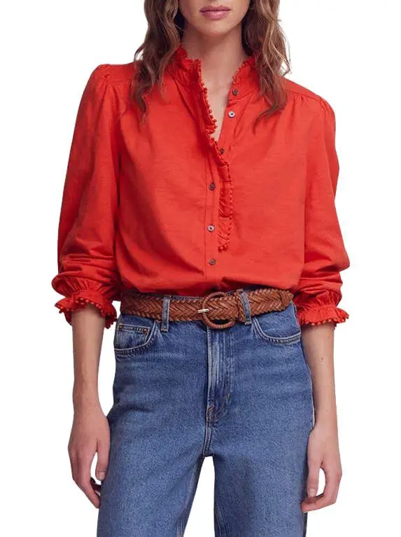 Boden Emily Pom Detail Ruffle Shirt - Aurora Red