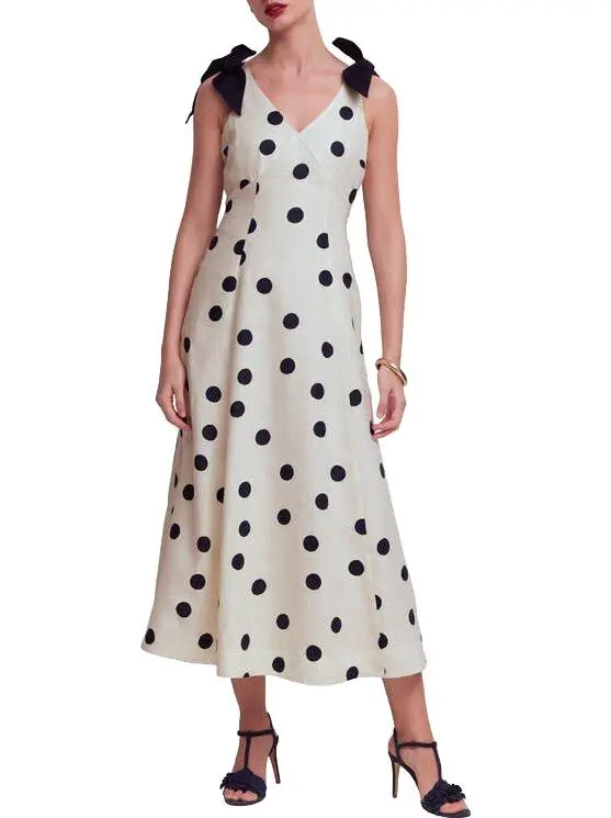 Boden Bow Detail Linen Empire Waist Maxi Dress - Ivory Painted Dot Spaced