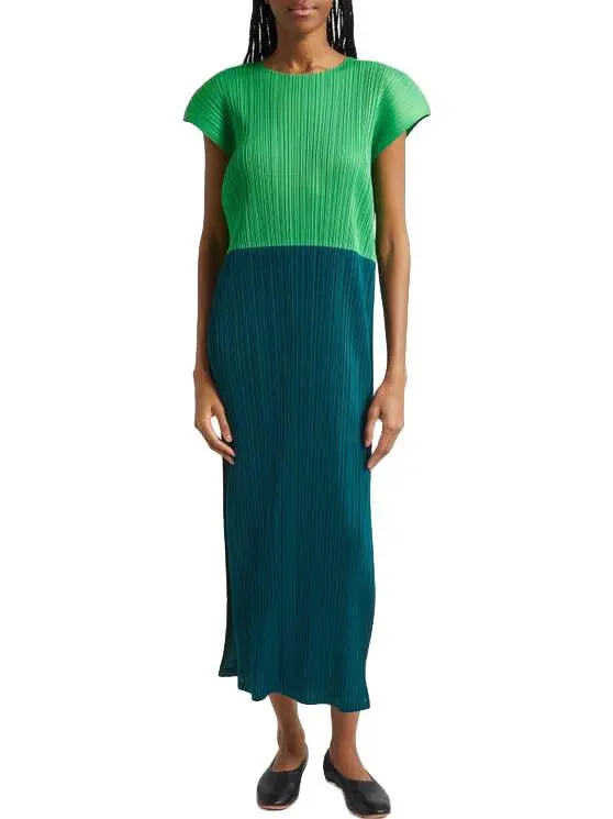 Issey Miyake Swing Colorblock Pleated Convertible Midi Dress - Green