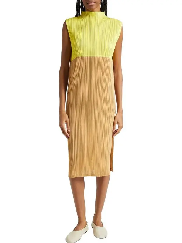 Issey Miyake Swing Colorblock Pleated Midi Dress - Yellow