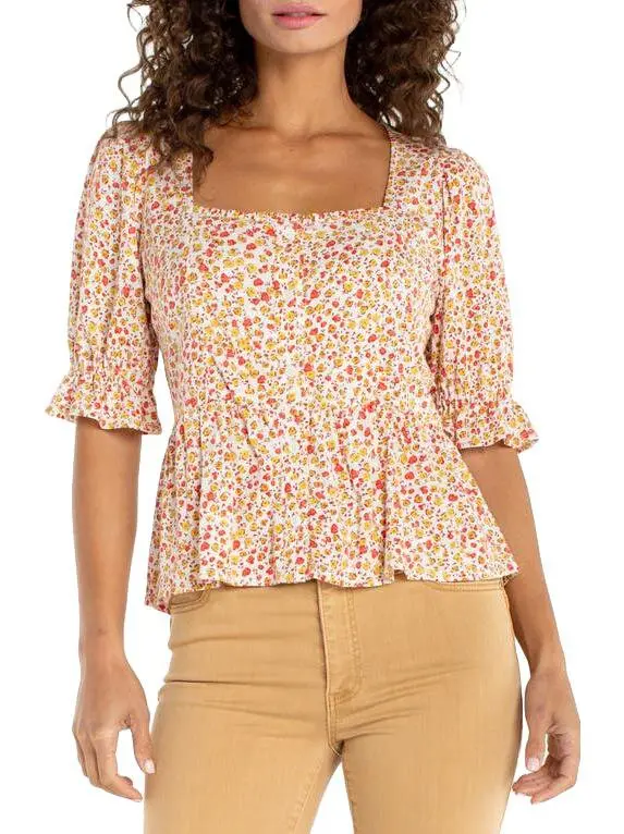 LIVERPOOL Puff Sleeve Peplum Top - Pristine Multi