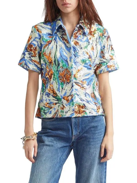 Rabanne Floral Sequin Short Sleeve Shirt - Abstract Blue Flowers