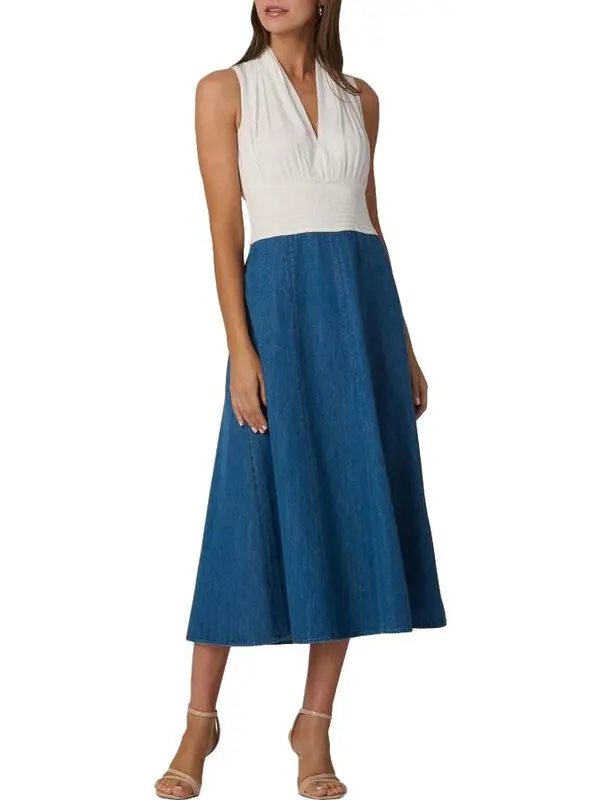 Shoshanna Crinkle Chiffon Denim Combo Bentley Dress - Ivory